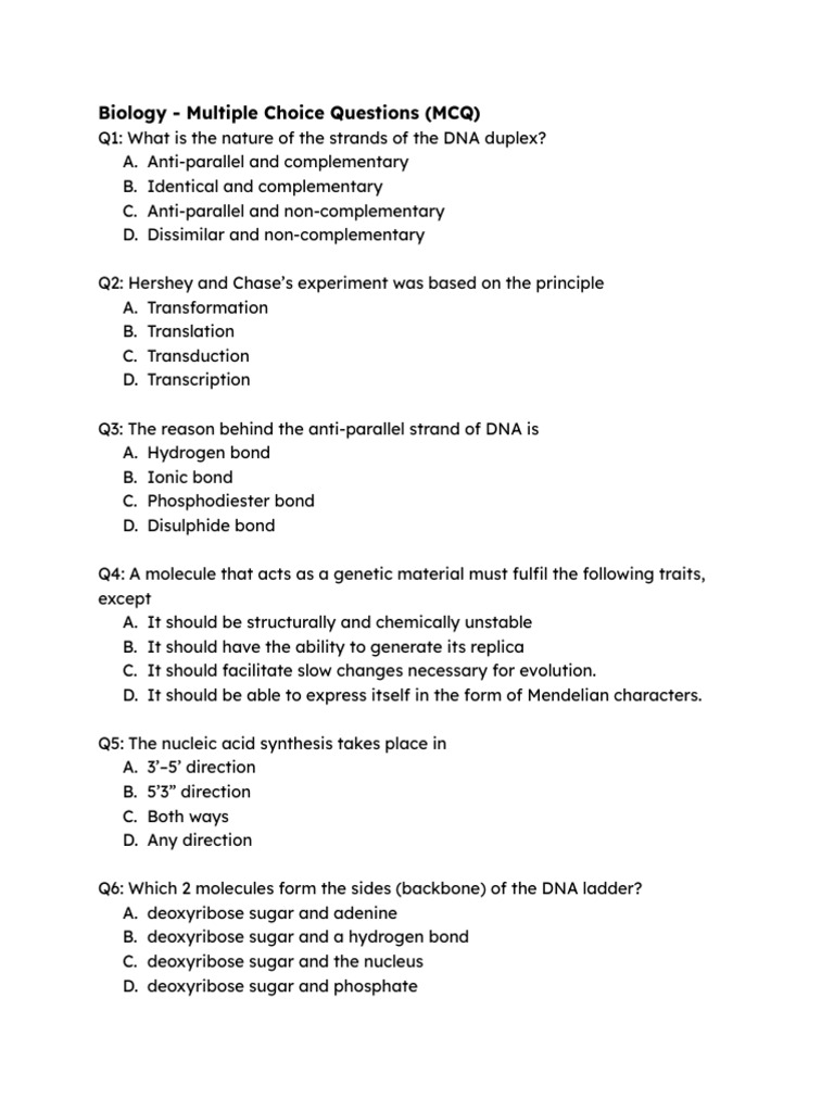 Nucleic Acids & Protein Synthesis MCQ | PDF | Dna | Dna Replication