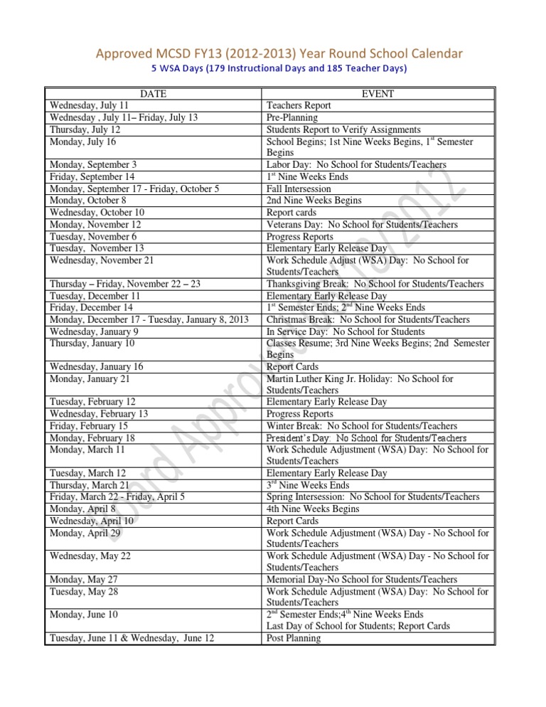 MCSD 2012-2013 Year-Round School Calendar | PDF