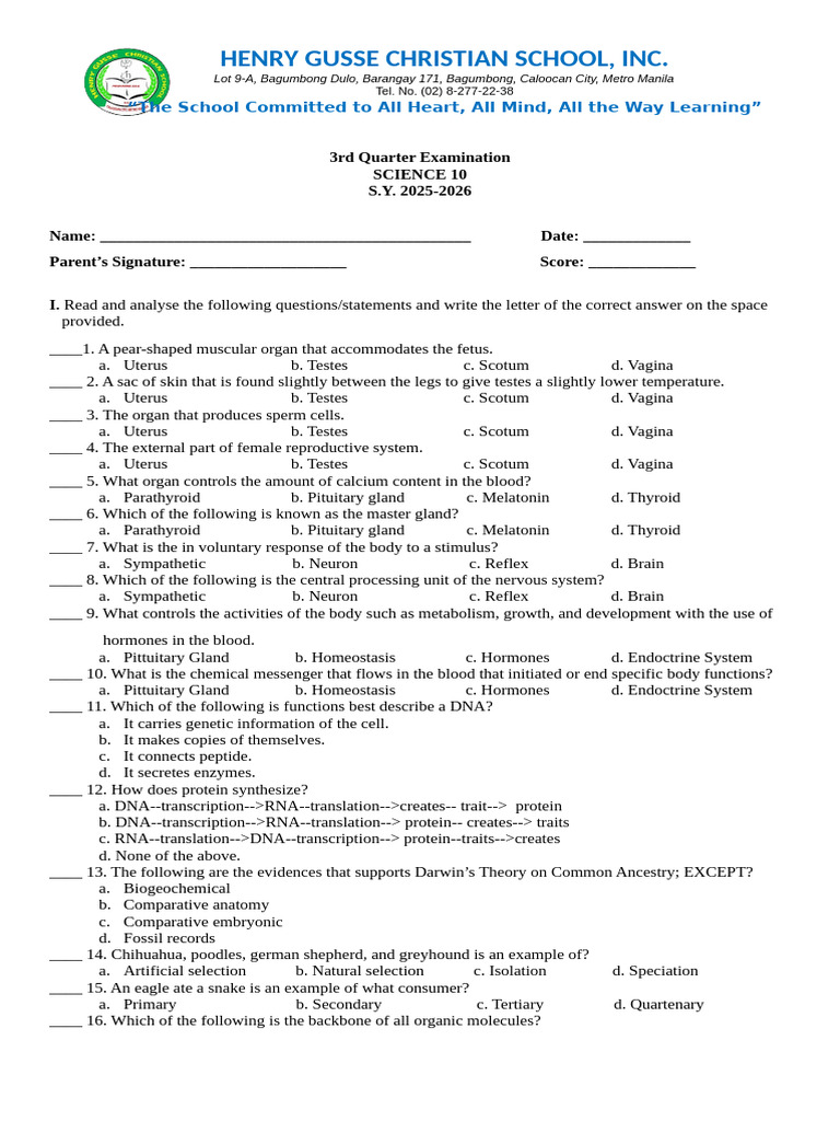 3rd Quarter Exam SCIENCE 10 | PDF | Endocrine System | Parathyroid Gland