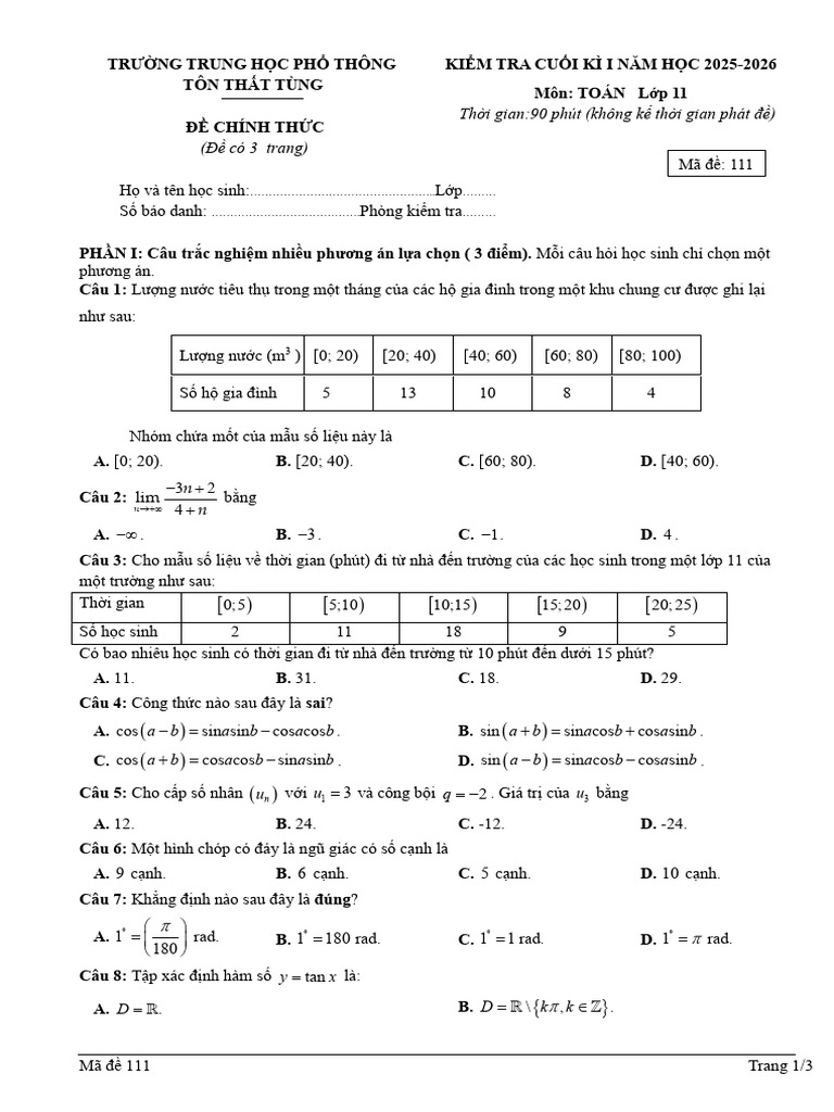 De Cuoi Ki 1 Toan 11 Nam 2025 2026 Truong Thpt Ton That Tung Da Nang Pdf