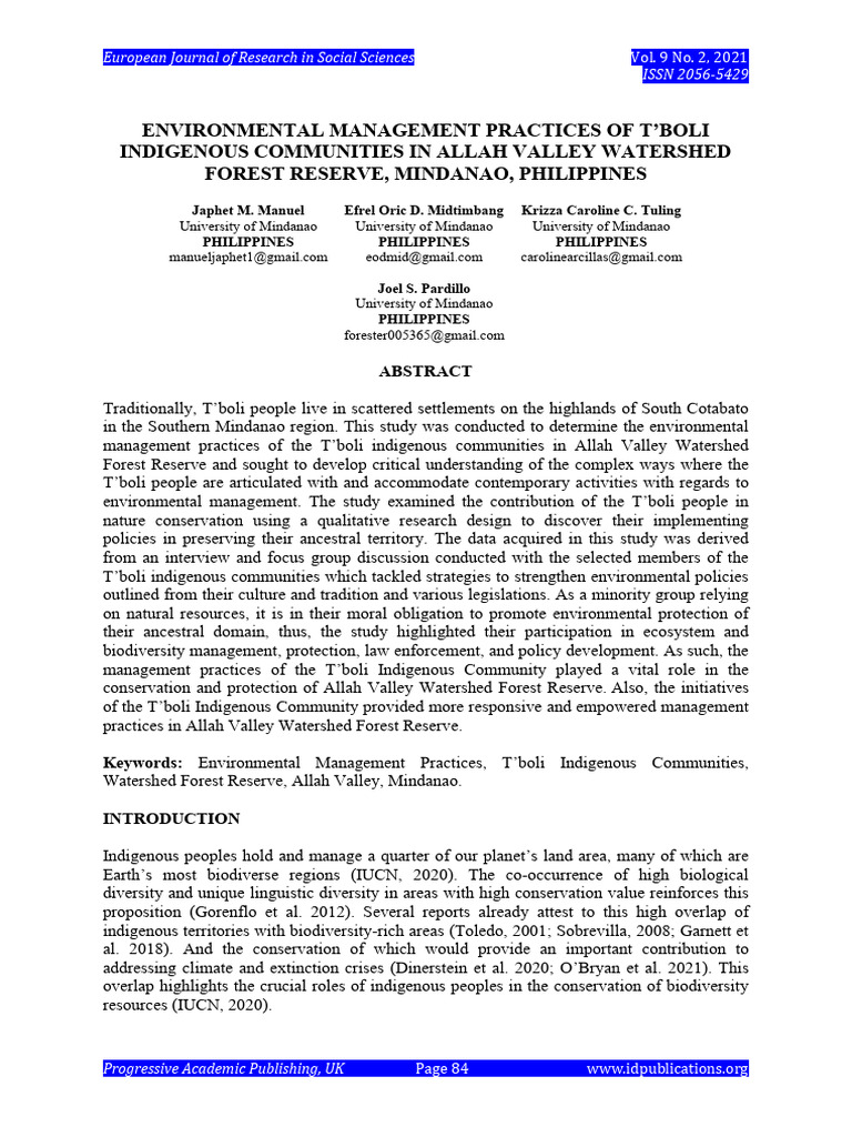 Full Paper ENVIRONMENTAL MANAGEMENT PRACTICES OF T'BOLI INDIGENOUS ...