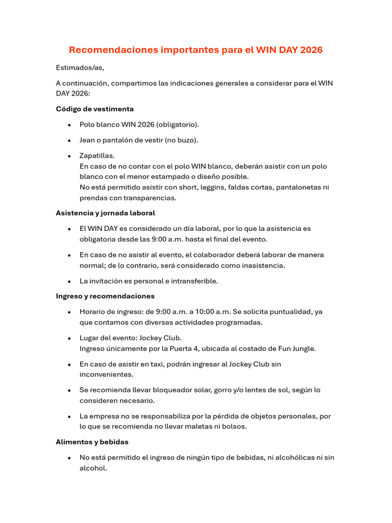Recomendaciones Importantes para El WIN DAY 2026 | PDF