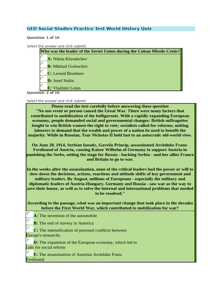 GED Social Studies Practice Test World History Quiz | PDF | World War I ...