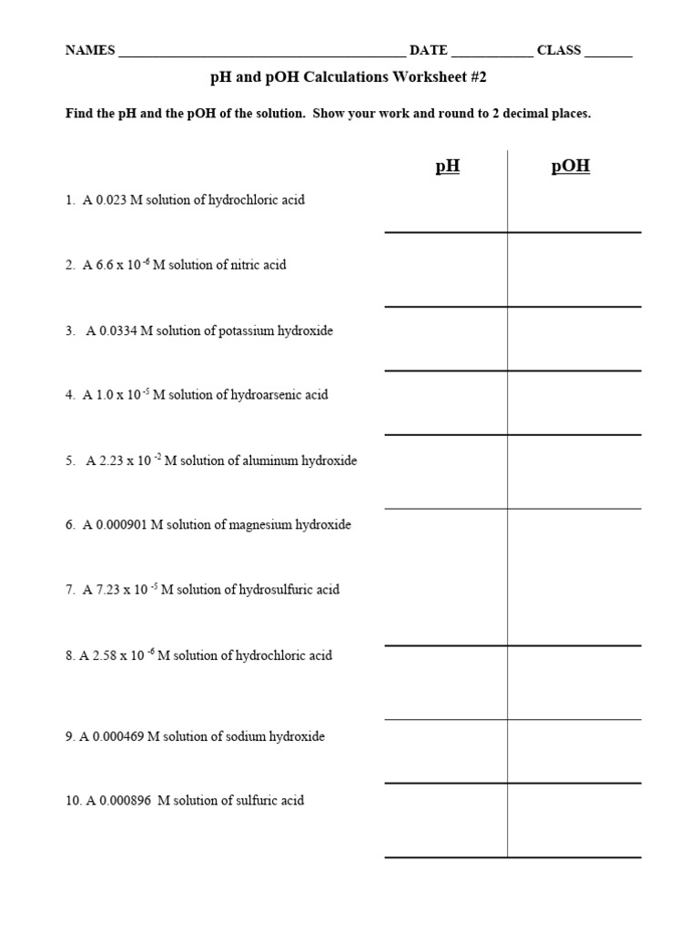 PH and POH Calculations Worksheet | PDF