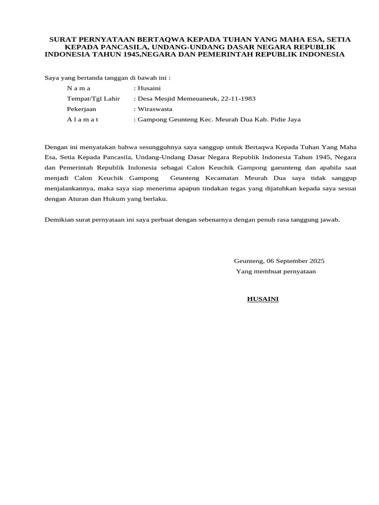 Surat Perny. Calon Keuchik - TGK Husaini | PDF