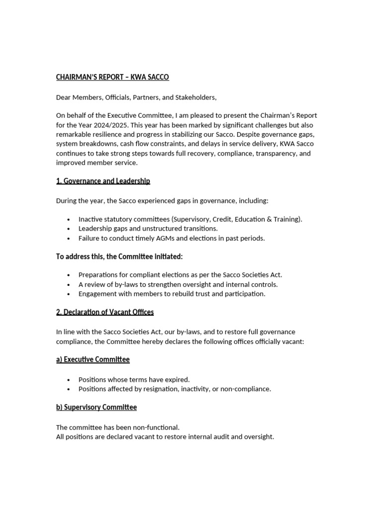 KWA Sacco Chairman's Report | PDF | Loans | Banks