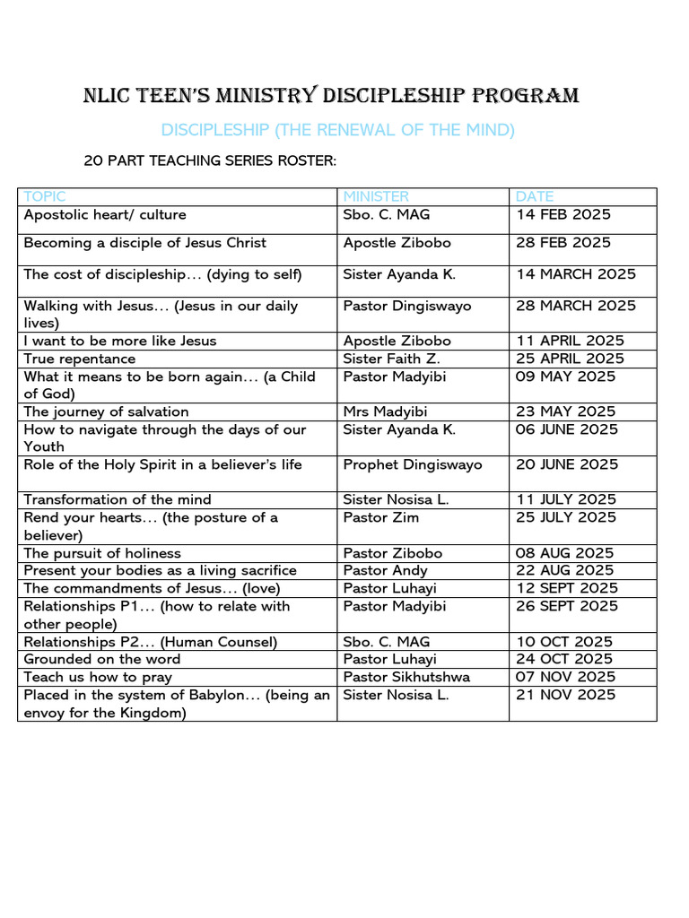 Discipleship Program Roster | PDF