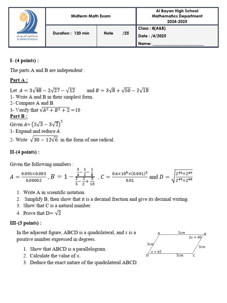 Grade 8 Midterm Exam 2025 | PDF | Area | Triangle