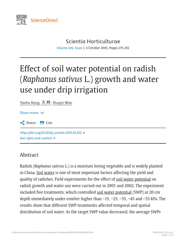 Effect of Soil Water Potential on Radish (Raphanus Sativus L.) Growth ...