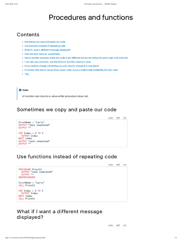 Procedures and Functions - IGCSE CompSci | PDF | Parameter (Computer ...