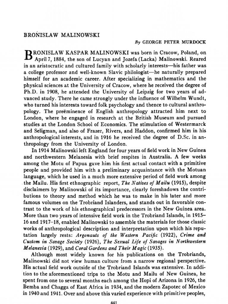 Bronislaw Malinowski: Life and Legacy | PDF | Academia | Science