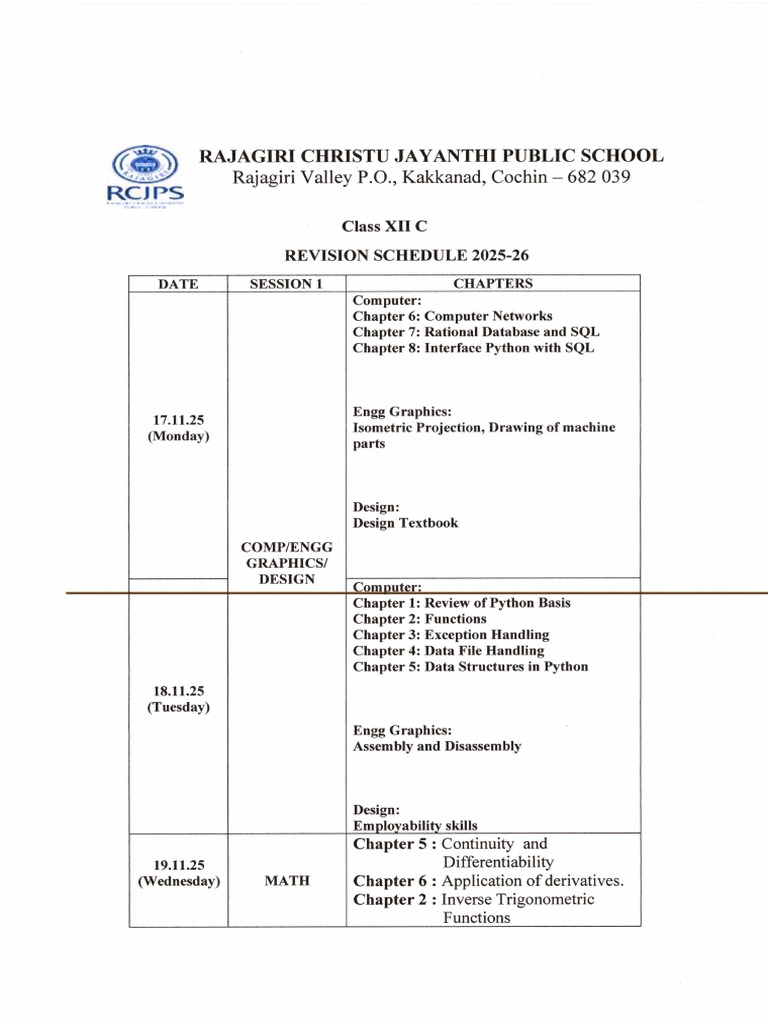 Revision Schedule 2025-2026 - Class Xii C - 10-11-2025-15-11-2025 | PDF