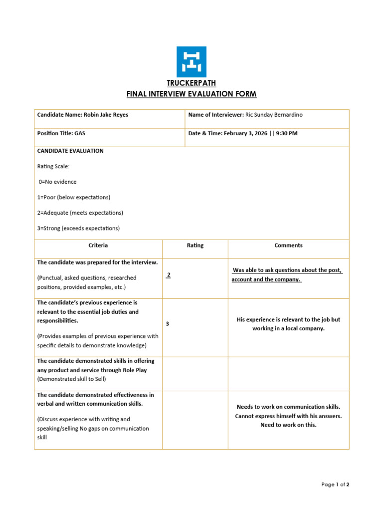 TruckerPath - Final Interview Evaluation Form - Robin Jake Reyes | PDF ...