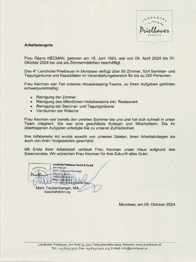 Arbeitszeugnis Kecman 2024 | PDF