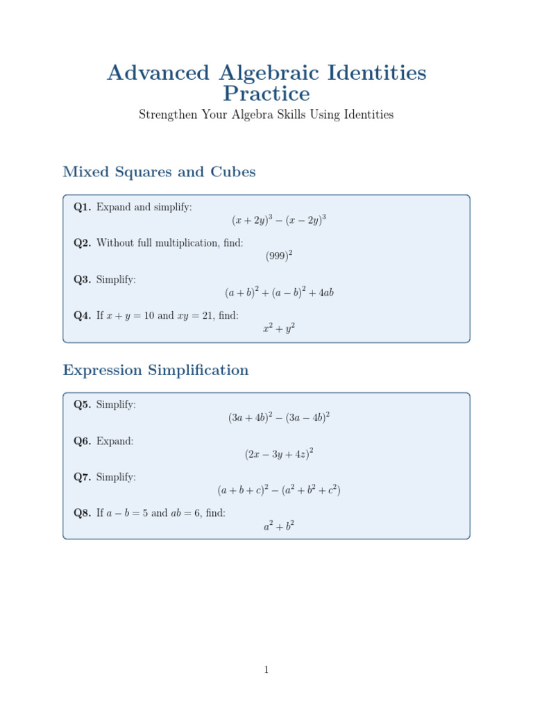 Algebraic Identities Practice Questions | PDF