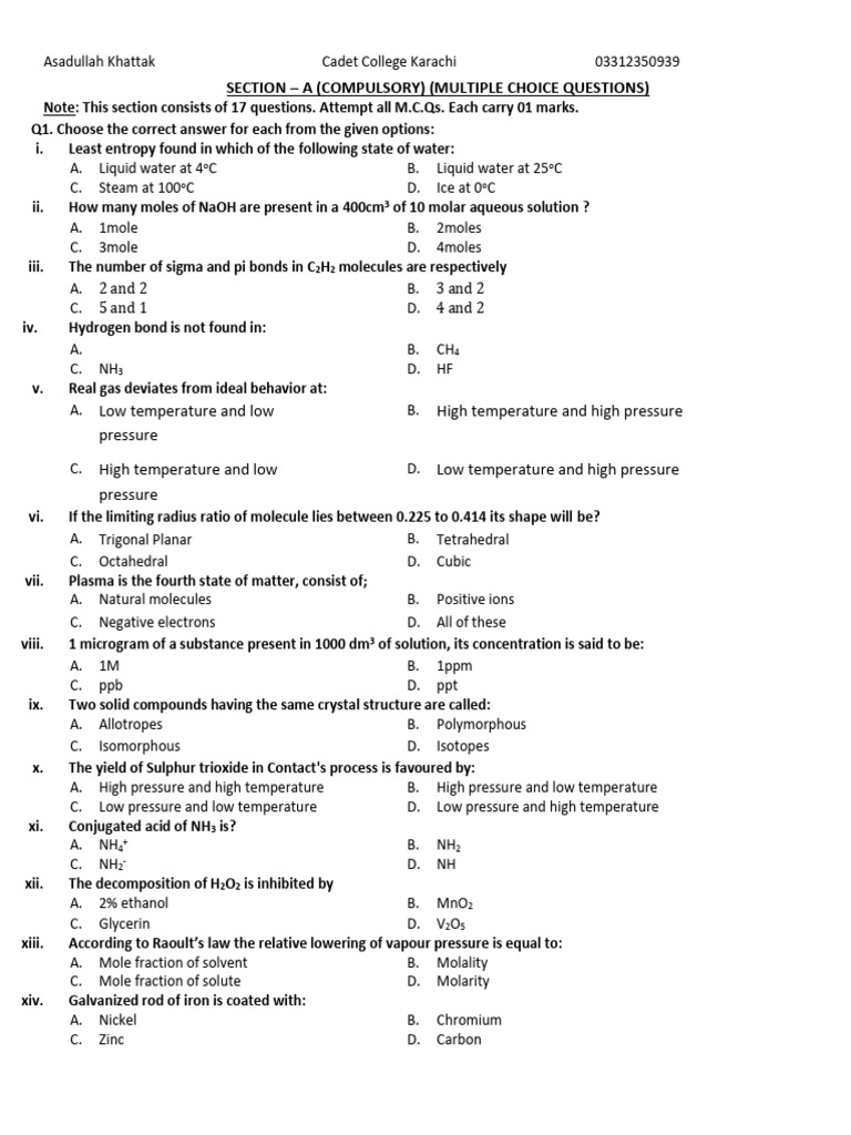 2024 XI Chem Practice Paper | PDF | Chemical Equilibrium | Reaction Rate