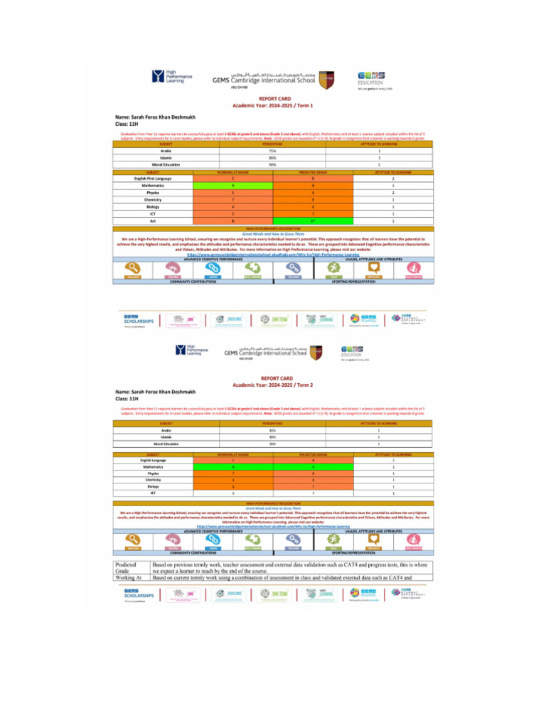 Sarah Feroz Year 11 Report Card Term 1,2 | PDF