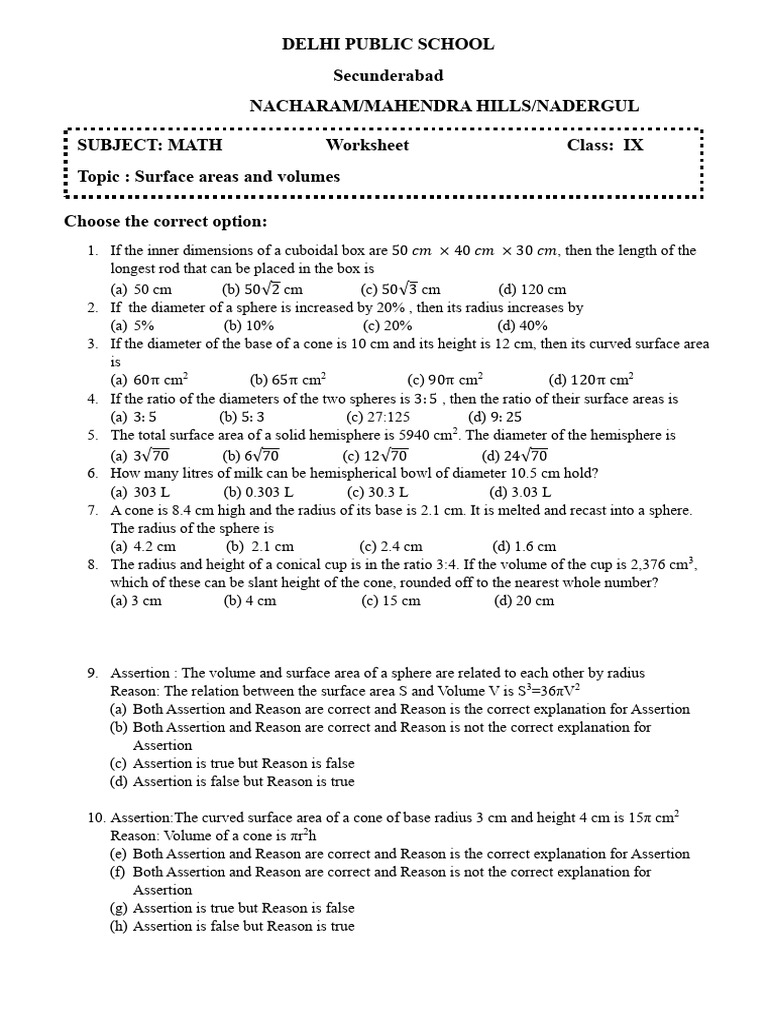 Class 9 Worksheet With Key | PDF | Sphere | Area
