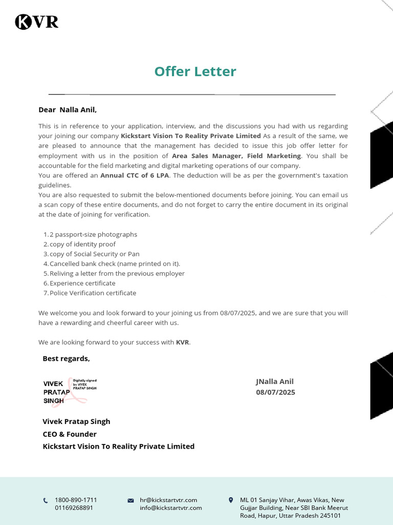 Offer Letter ASM Nalla Anil | PDF