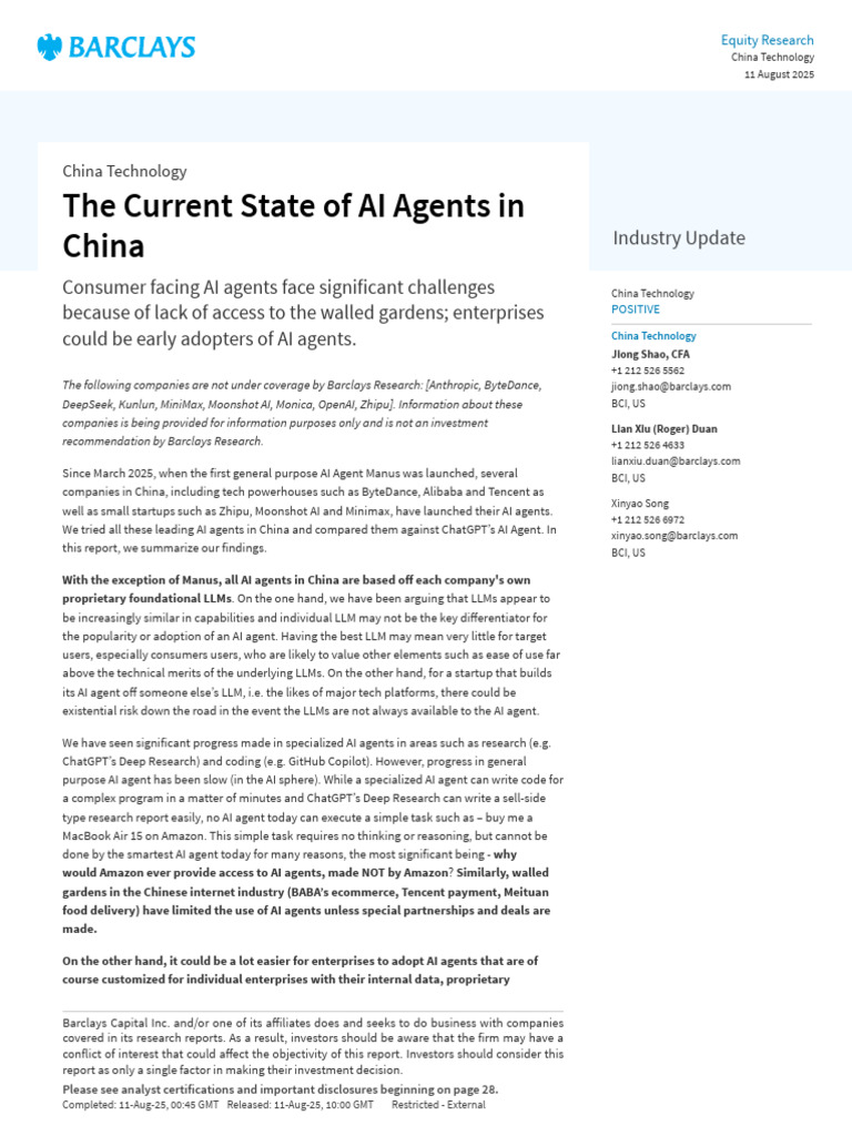 Barclays-China Technology：the Current State of AI Agents in China ...