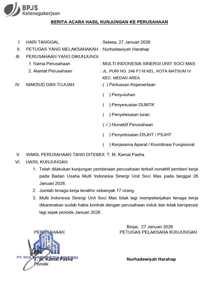 Berita Acara Kunjungan (Bak) Mis | PDF