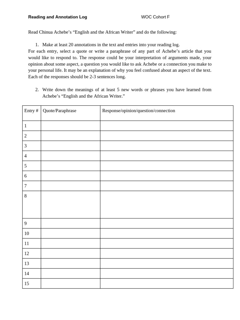 Reading and Annotation Log Docx | PDF