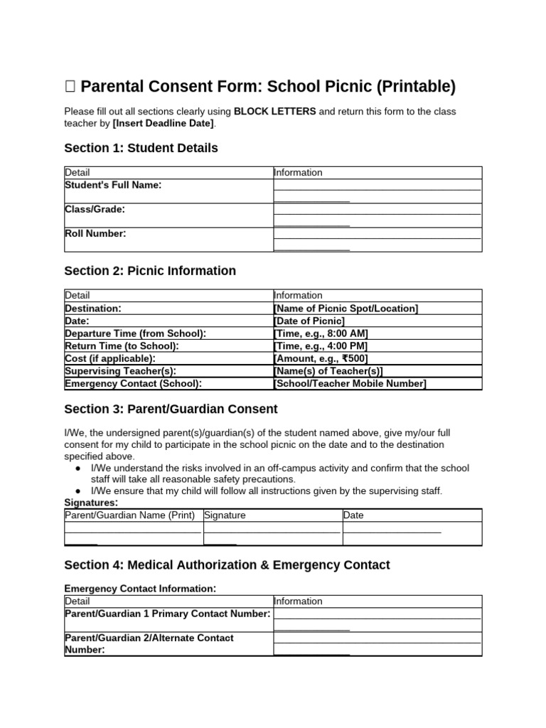 Consent letter from the parents for school picnic ... | PDF