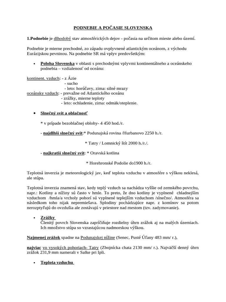Podnebie Slovenska - Poznamky | PDF