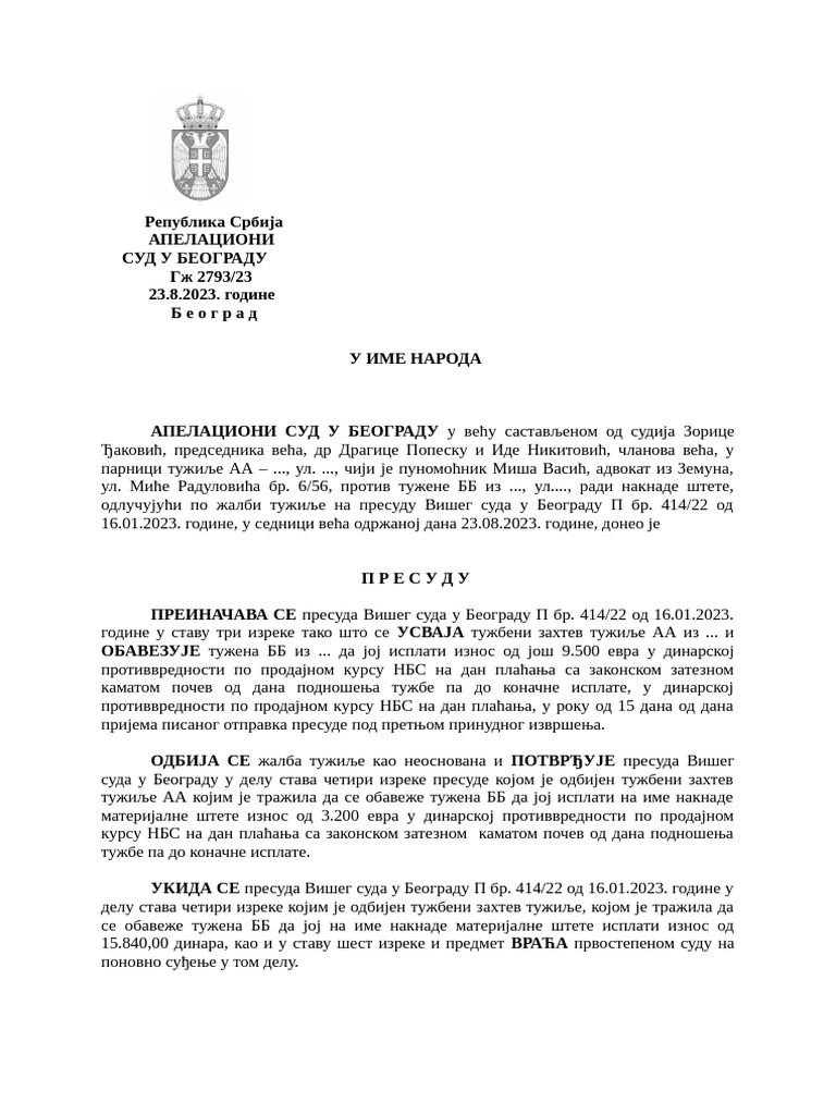 Apelacioni Sud u Beogradu Gzh 2793 2023 | PDF