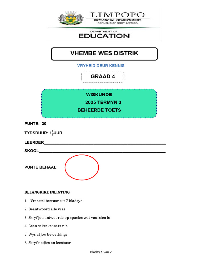 2025 Term 3 Math Gr 4 Controlled Test AFR (1) | PDF