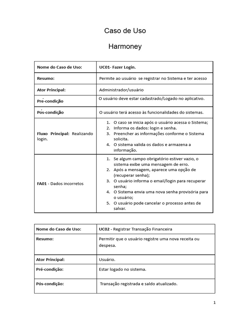 Caso de Uso - Harmoney | PDF | Diagrama de caso de uso | Fazer login