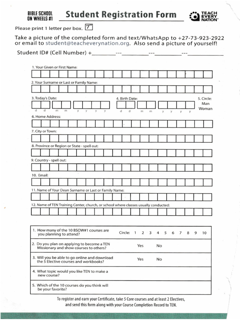 Teach Every Nation Student Registration Form | PDF