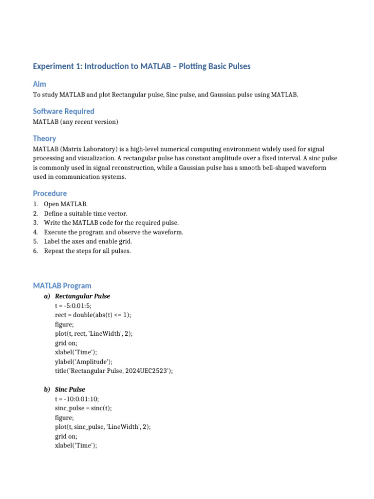 Signals and CTFT Lab Experiments | PDF | Matlab | Algorithms