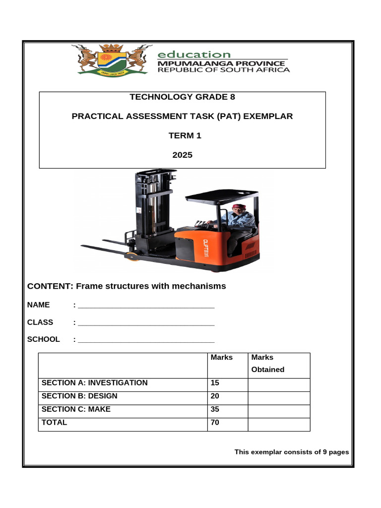 Technology Grade 8 PAT 1 Exemplar 2025 | PDF | Forklift | Machines