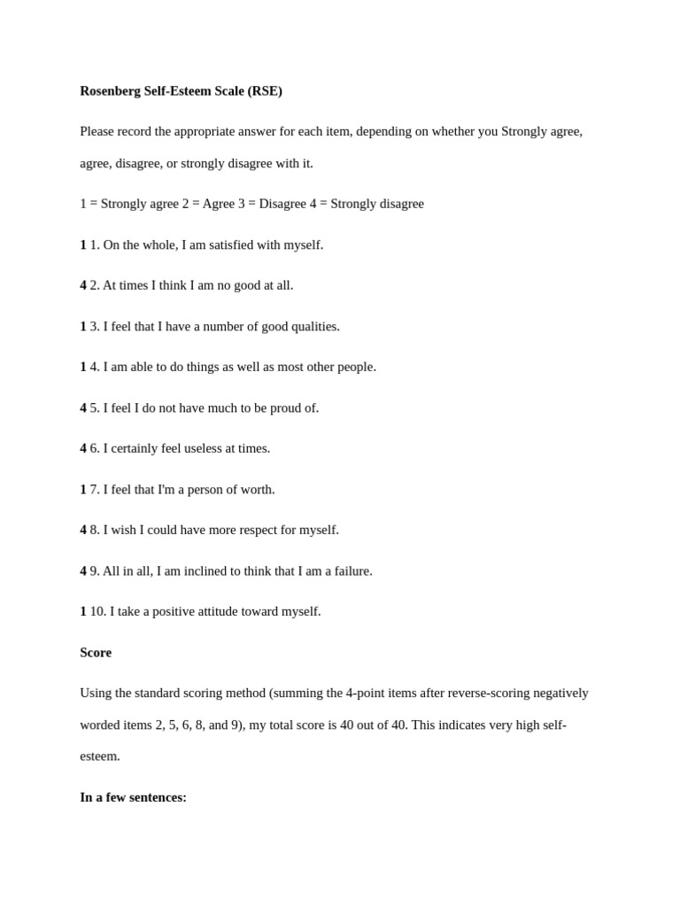 Rosenberg Self-Esteem Scale | PDF