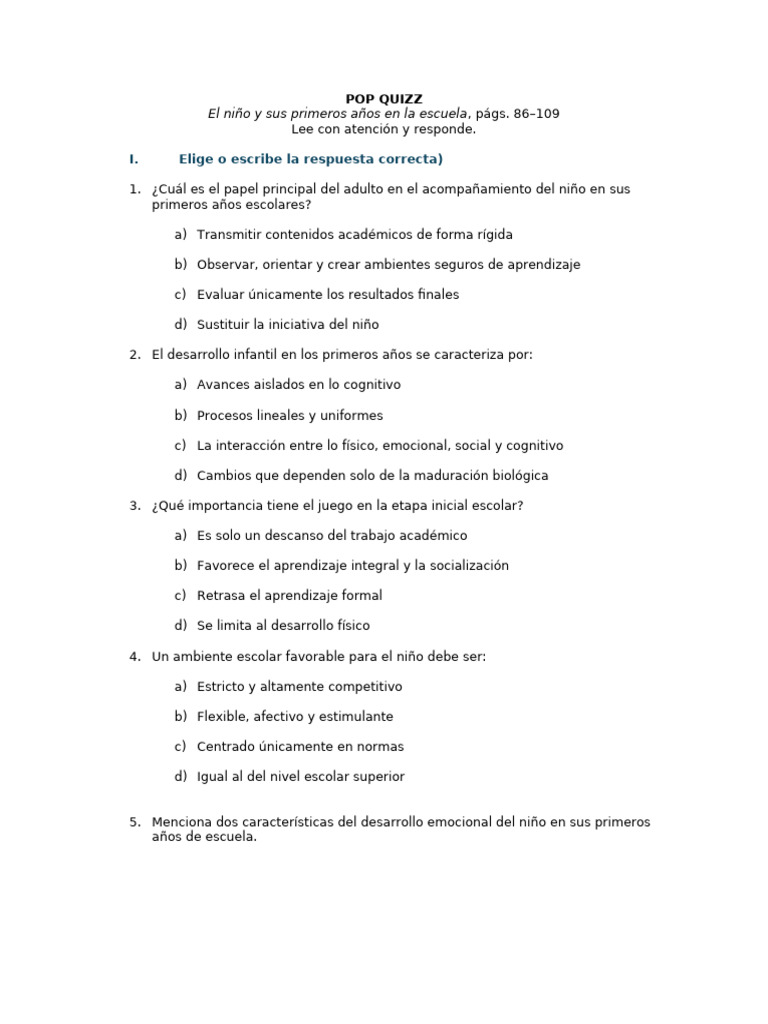 Pop Quiz El Niño y Sus Primeros Años en La Escuela Respuestas | PDF ...