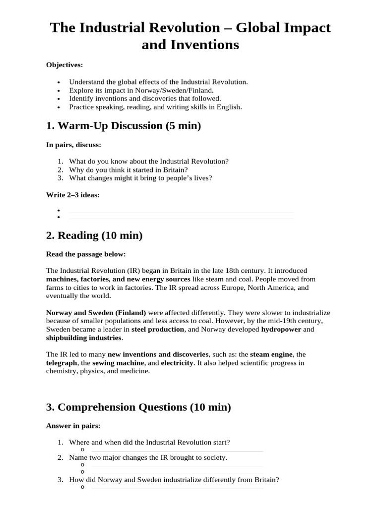 The Industrial Revolution - Global Effect - Worksheert | PDF ...