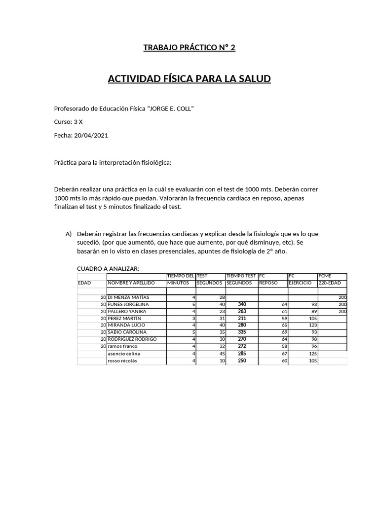 Trabajo Practico n 2 20-4-2021. Test de 1000 Mts | PDF