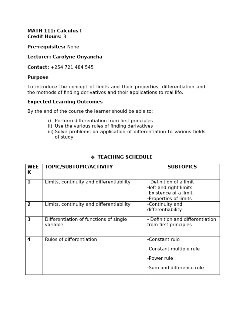 MATH 111 Course Outline Revised 2026 | PDF | Derivative | Function ...