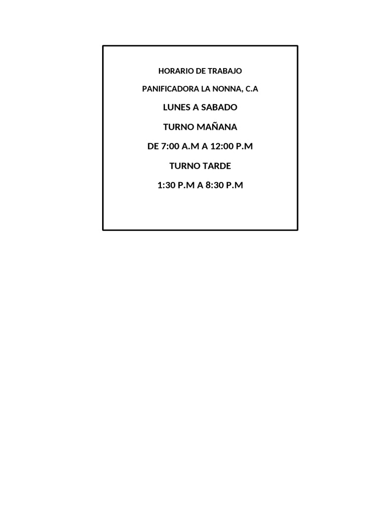 Horario de Trabajo Panificadora La Nonn, C.A | PDF