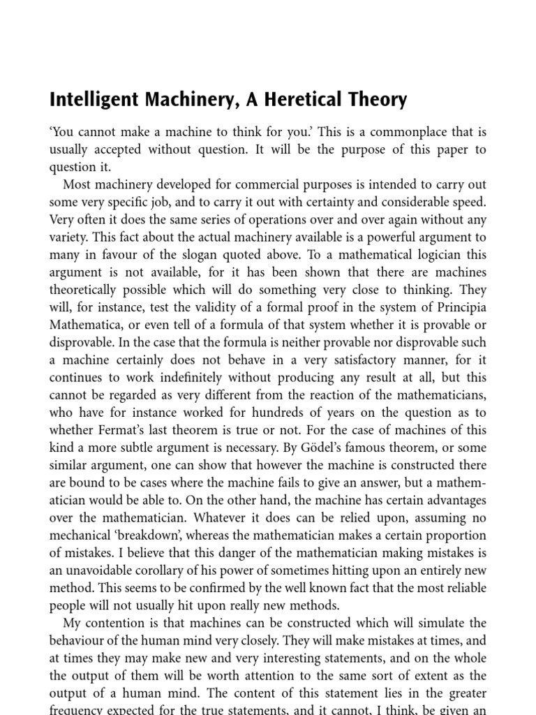 Turing 1951 Intelligent Machinery A Heretical Theory | PDF ...