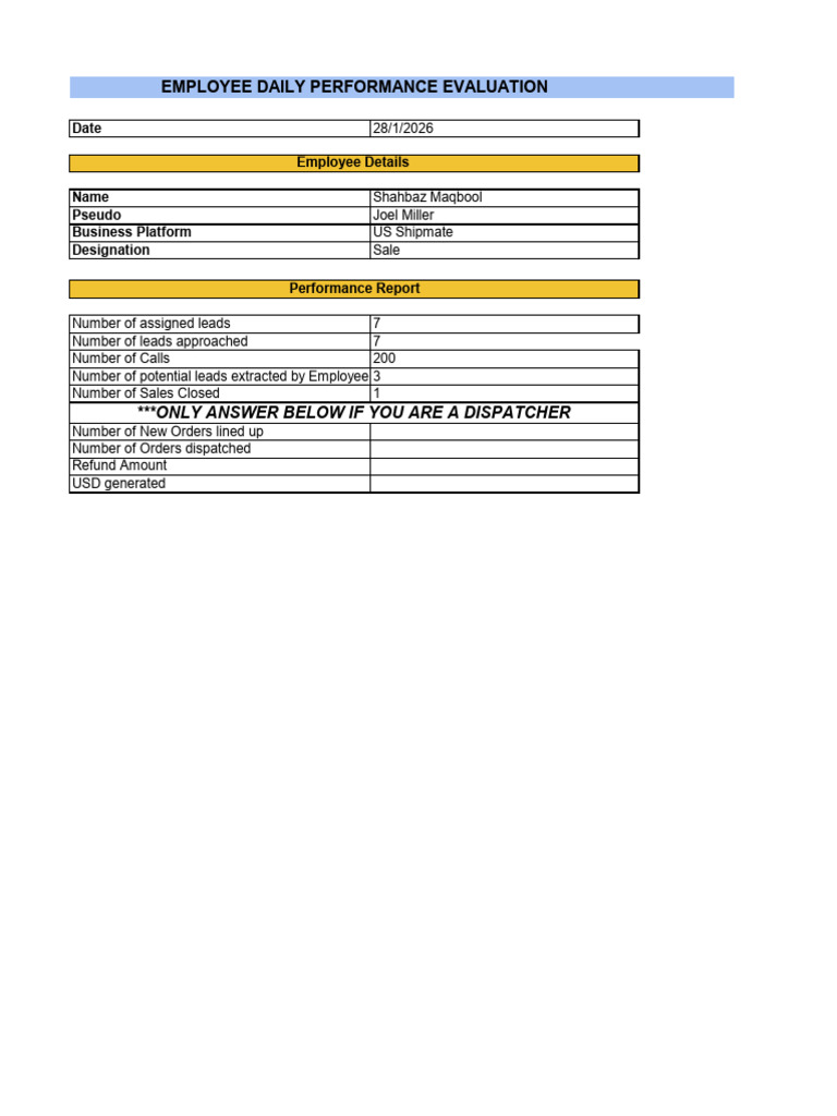 Employee Daily Performance Evaluation: Only Answer Below If You Are A ...
