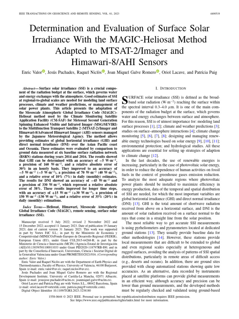 Determination and Evaluation of Surface Solar Irradiance With the MAGIC ...