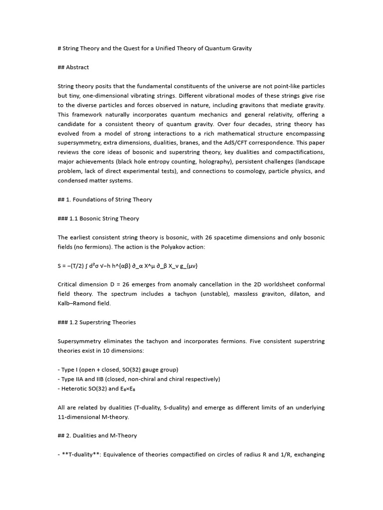 String Theory and the Quest for a Unified Theory of Quantum Gravity ...