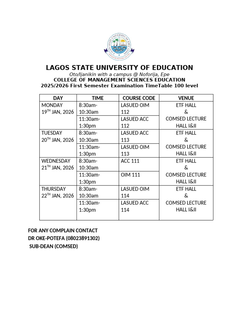 Time Table 2025-2026 100 Student | PDF