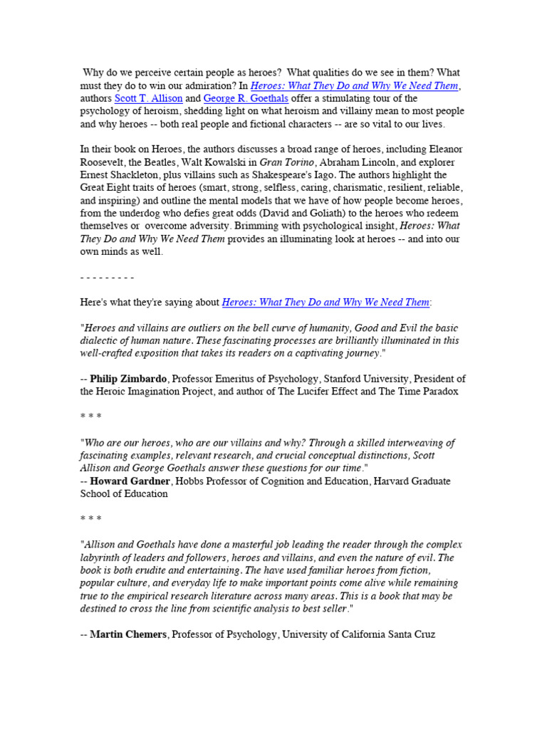 Heroes What They Do and Why We Need Them | PDF | Hero | Psychology