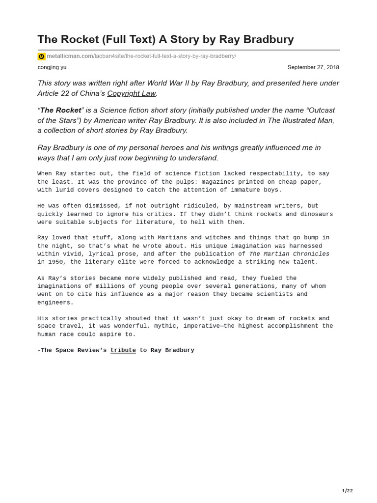 The Rocket A Short Story by Ray Bradbury | PDF | Ray Bradbury