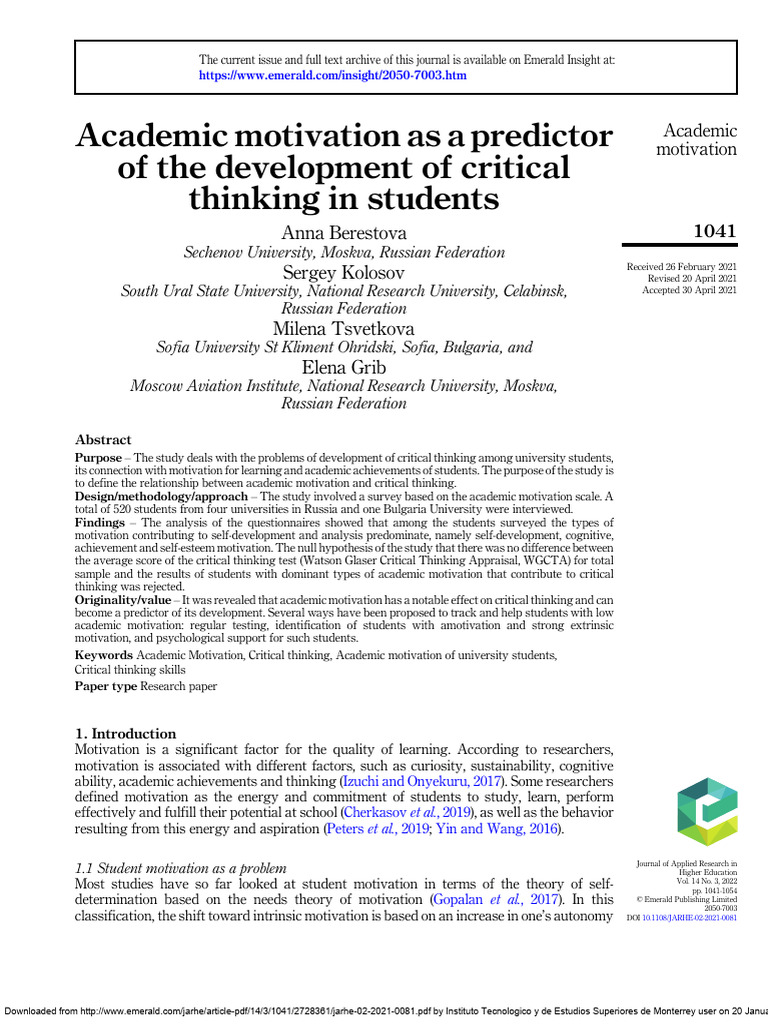 Academic Motivation As A Predictor of The Development of Critical ...