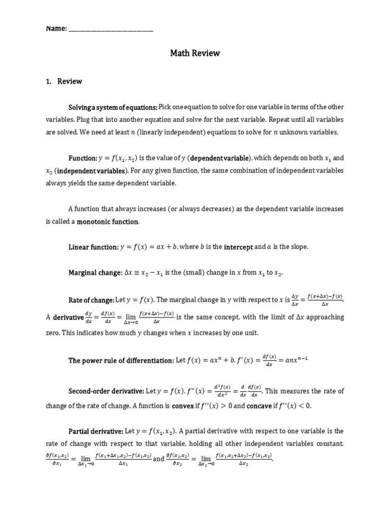 Worksheet 01 Math Review | PDF | Derivative | Variable (Mathematics)