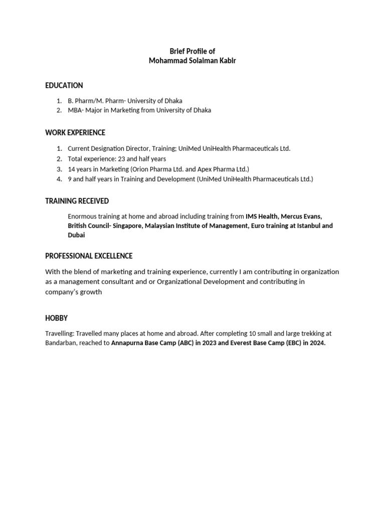 Brief Profile of Mohammad Solaiman Kabir | PDF